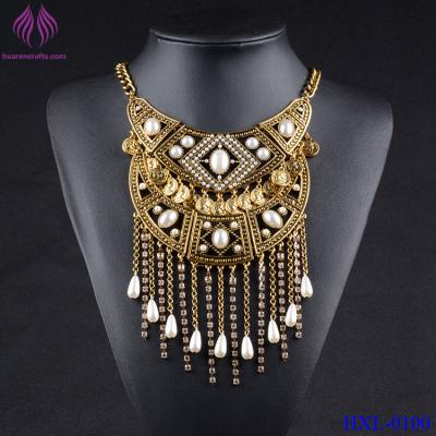 China New Bohemian vintage style silver plated alloy tassel pearl necklace for sale