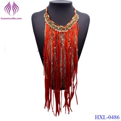 China Fashion Women Jewelry leather Tassel Fringe Pandent Sweater Chain Long Necklace for sale