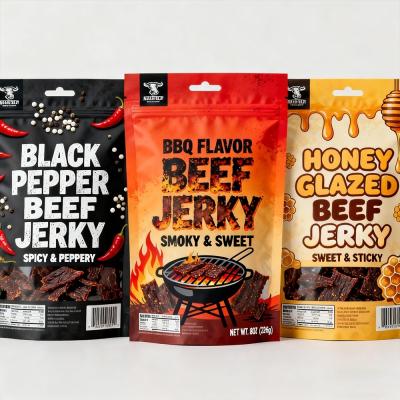 China PE Plastic Custom Beef Jerky Heat Packaging Bags Zipper Top Recyclable Material Glossy Finish Gravure Printing HCF Shenzhen for sale