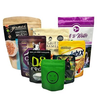 China Gravure Printing PE Plastic 35g Glossy Pure Gold Mylar Plastic Stand Pouch Food Packaging Die Cut Mylar Bag for sale