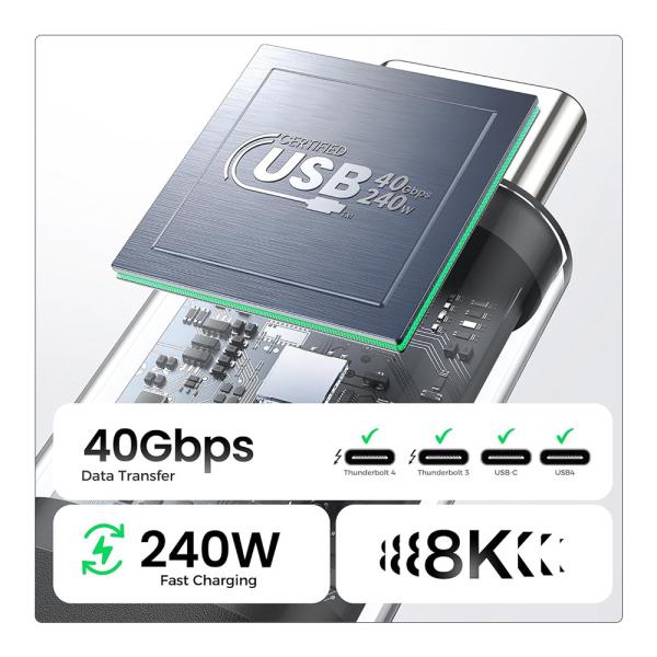 1m câble USB4 de type C 40Gbps Vitesse 8K 60Hz Sortie vidéo 240W PD Chargement Thunderbolt 4/3 Compatible