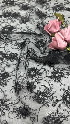 China Leafy BLack Lace Durable And Elegant Embroidery Luxary Flower 100% Knit Embroidery Fabric Lace Fabric Wedding Birthday Occasion Beautiful Dress for sale