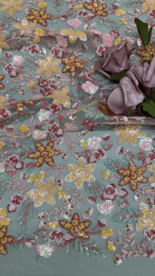 China 3D Flower Lace Fabric Mesh Lace For Gowns 100% Polyester Colorful Sequin Embroidered Fabric for sale