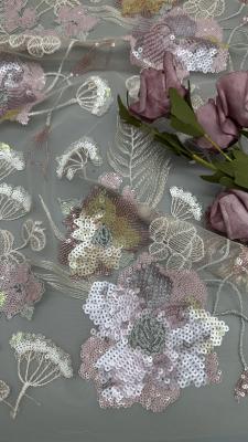 중국 새로운 컬렉션 스팽글 자수 원단 플로럴 메쉬 원단 의류 가운 패션 디자인 판매용