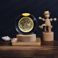 China Crystal Ball Night Light 6cm Warm LED Decorative Lamp Rubber Wood Base for sale