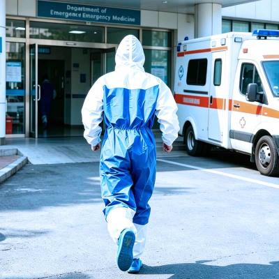 China Disposable Microporous Coverall with Breathable SMS Back and Hooded Elastic Cuffs for Type 5/6 Protection for sale