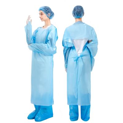 China 68g Light Blue CPE Isolation Gown with Thumb Loop Design for Medical Protection for sale
