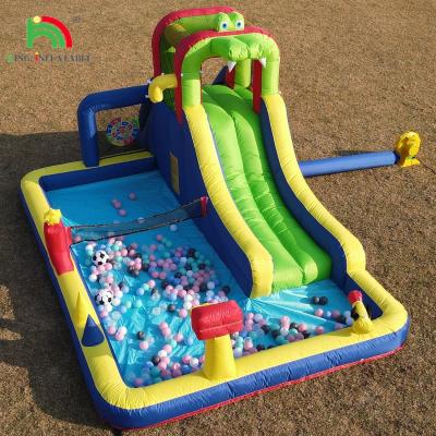 China Kids Party Wet DryInflatable Bounce House Water Slide Bouncer Combo With Bigger Splash Pool Climbing Blower Basket Dartboard for sale