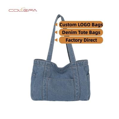 China Denim Tote Bag 2026 New Korean Style Fashionable Casual Shoulder Bag Large Capacity Literary Style Commuting Tote Bags with LOGO for sale