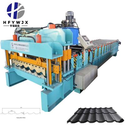China Premium 1100 Colored Steel Roof Tile Roll Forming Machine Hydraulic Double Linear Guide Rail Cutting for sale