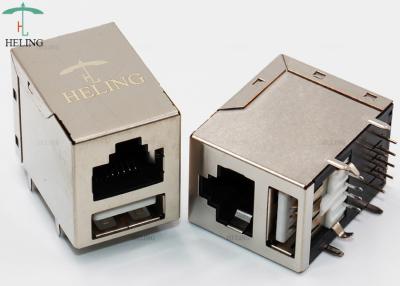 China Rechtwinkliges kombiniertes Verbindungsstück USBs Frau-RJ45 Jack mit Gelbem/Grün LED zu verkaufen