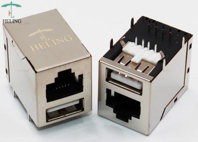 China Rechtwinkliges kombiniertes Verbindungsstück USBs Frau-RJ45 Jack mit Gelbem/Grün LED zu verkaufen
