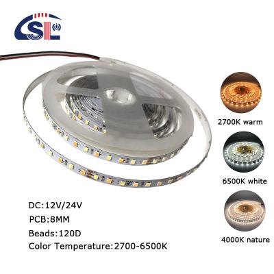 China Waterproof 12v24v 8mm 120leds 3000K-6500K CCT Dual Color COB SMD2835 LED Strip Light for sale