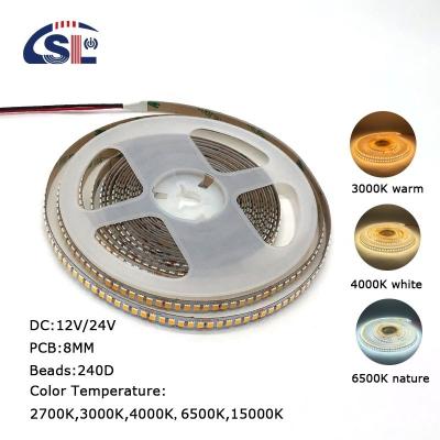 China Indoor Decoration LED Strip Light 12v24v 240leds 8mm 2700k 3000k 4000k 6500K Flexible Electroplate SMD2835 for sale