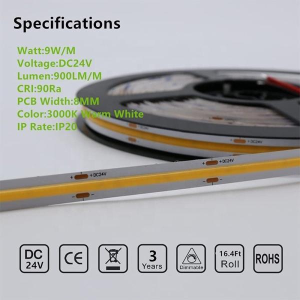 Quality 8mm10mm 480leds 6500K White COB Led Strip Light for High Brightness and Long for sale