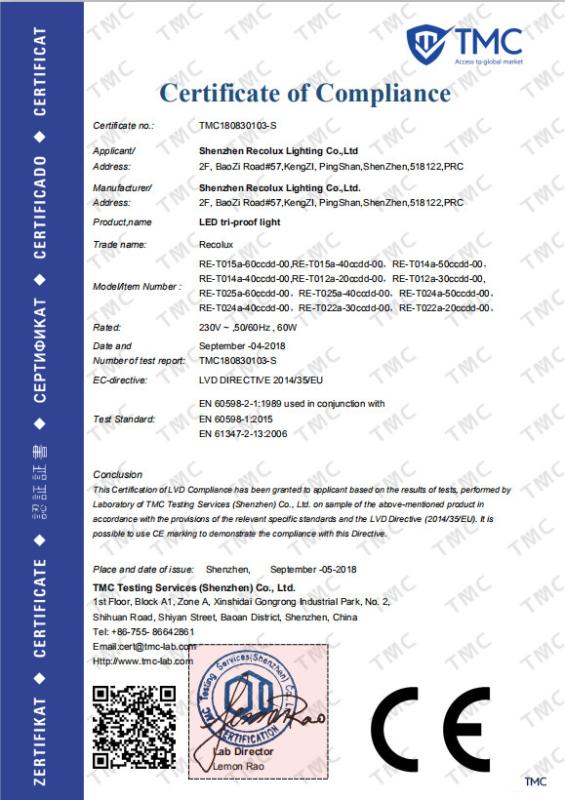 CE - Shenzhen Recolux Lighting Company Limited