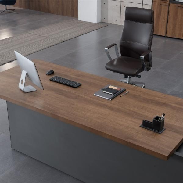 Quality regal walnut and iron gray cloth pattern with color band on the desk of the for sale