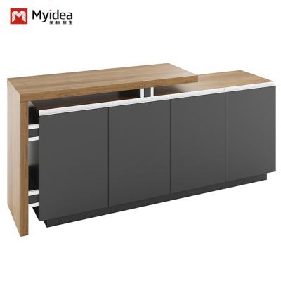 China Estilo de design industrial Mesa de chá retangular com armário lateral Portas para armazenamento Sala de estar Mobiliário de escritório Estilo de painel de madeira à venda