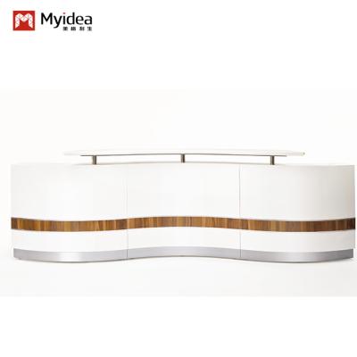 Китай Изогнутая стойка ресепшн с запеченной краской, барная стойка компании, больница красоты, стоматологическая клиника, круглая касса, простой и современный ресепшн продается