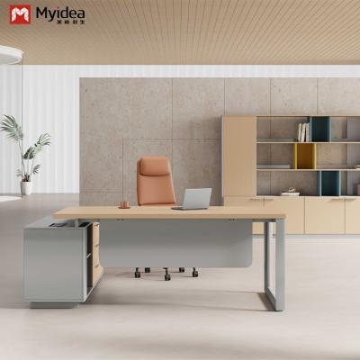 China Myidea Solid Wood L-Shaped Executive Desk with Sub Cabinet and Multiple Steel Feet for Office Building for sale