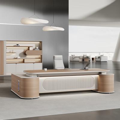 China PVC Coated Curved Desktop boss Desk Painted Process Office Desk with Voice Controlled Ambient Light for sale