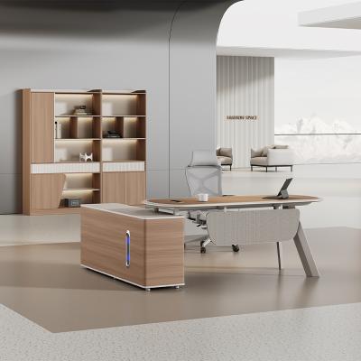 China Ergonomic PVC Coated Curved Top Business Desk – Painted Finish with Smart Voice Control Ambient Lighting for sale