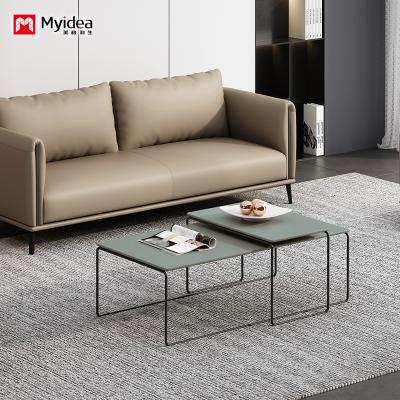 China Commercial-Grade Powder-Coated Coffee Table Muted Cyan Wood Top Metal Legs Contemporary Design for Office Apartment Entryway for sale