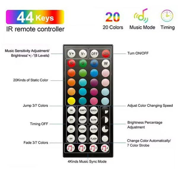 4Pin RGB Light Strip Controller Ευφυής μουσική Bluetooth 44κλειδί τηλεχειριστήριο