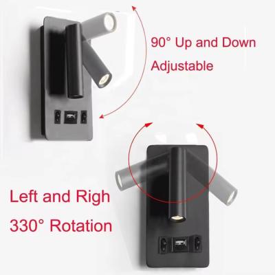 Cina Doppio interruttore USB Lampada da parete a LED Hotel Dormitorio Incorporato Nero 3w 110-240v 3000k in vendita