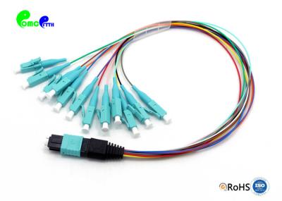中国 Auqe LSZH繊維パッチ ケーブルのジャンパーとのLC UPCへのMPOのトランク ケーブルOM3 12Fのファン・アウト0.9mm MPO男性 販売のため