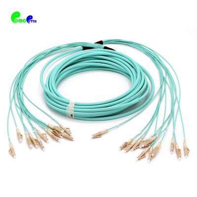 중국 Low loss Fiber Optic Patch Cables 12F LC - LC OM3 50/125 Breakout 2mm 10M patch cord  LSZH Aqua color 판매용