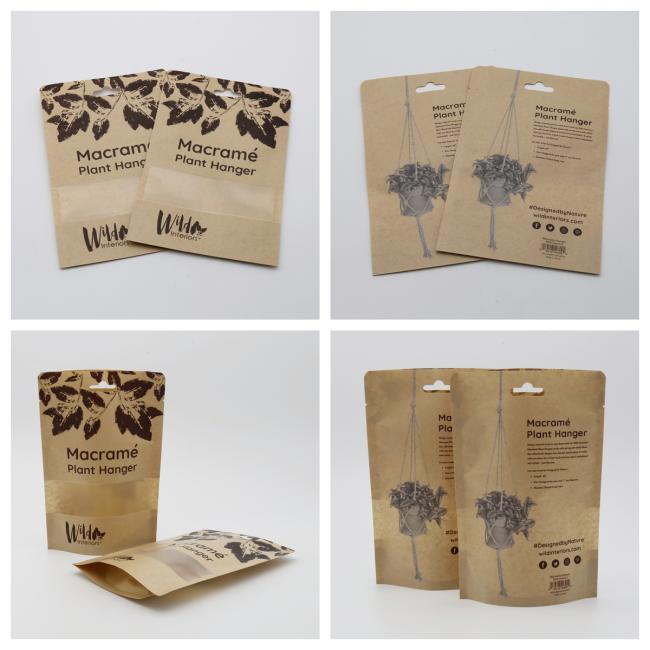 Kraft paper pouch with transparent window showing product inside
