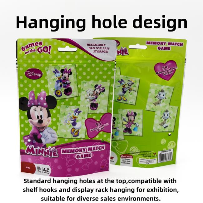 Child-safe toy packaging pouch with transparent window