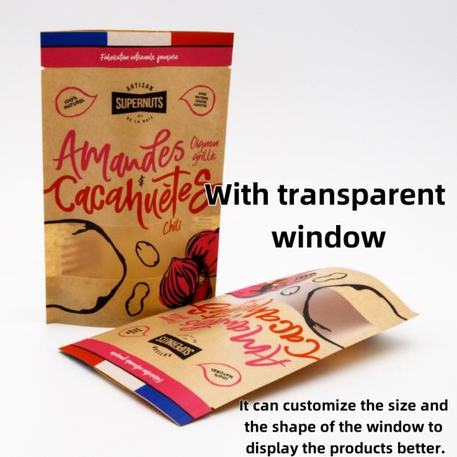 Close-up view of kraft paper bag's transparent window