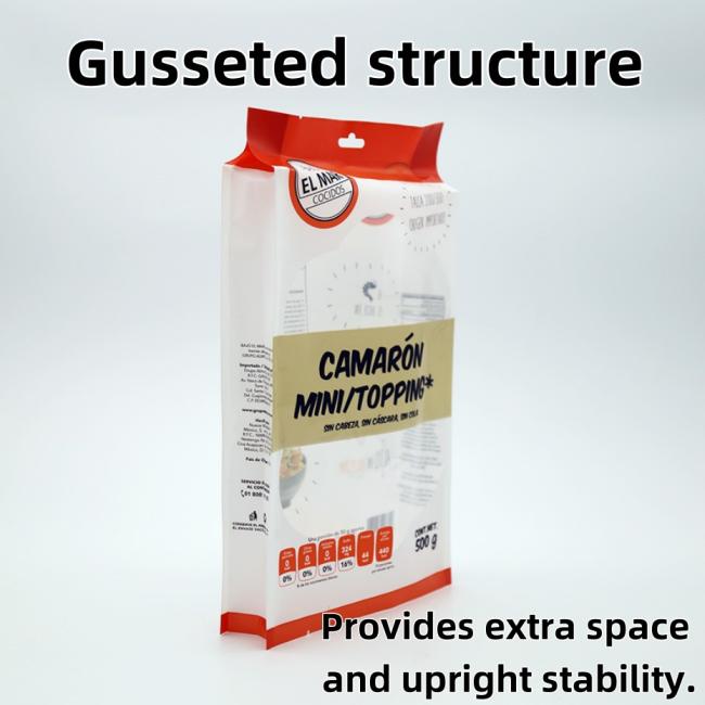 Gusseted bag structure for frozen seafood packaging