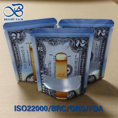 China Bolsas a prueba de niños con sello de 3 lados con patrón de dólar estadounidense impreso a medida - Certificado ASTM en venta