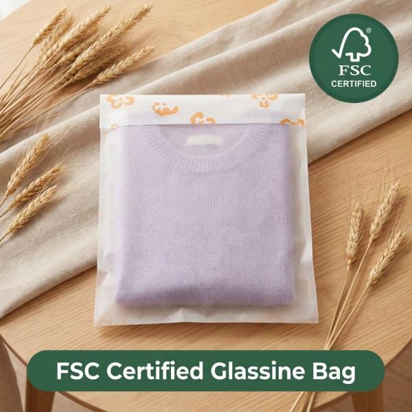 Quality Sustainable Luxury Glassine Paper Bag for Clothing Plastic Free Biodegradable Apparel Packaging Garment Pouch for Certified Bulk for sale