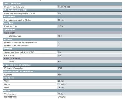 China SIMATIC S7-200 SMART CM 01 RS485 9-pole D-sub pin supports Freeport 6ES72885CM010AA0 for sale
