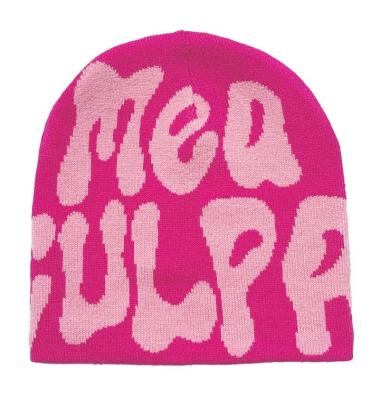 China Jacquard Logo Beanie Hats Adults Custom Cuffless Floral Beanie Green Winter Hat for sale