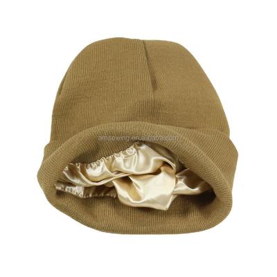 China Custom Logo Fisherman Winter Knitted Satin Lining Beanie Hats For Gorras Casquette Toques Skull for sale