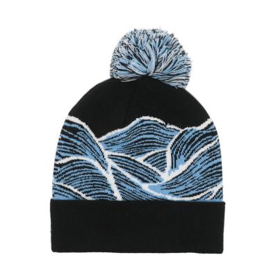 China Sport Club Custom Jacquard Woven Patch Hockey Pompom Beanies With Embroidered Pattern for sale