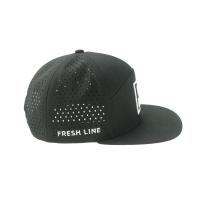 China Custom 7 Panel Rubber Baseball Cap 58cm Laser Cut Perforated Snapback Hat for sale