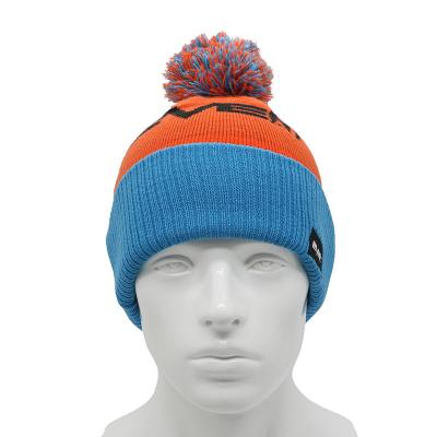 China Custom Caps With Patches Men's Knit Pom Pom Beanie Embroidered Winter Hats 100% Acrylic for sale
