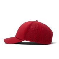 China Custom 6 Panel Snapback Cap Curved Brim Rubber Patch Laser Perforated Holes Adult Size 58cm for sale