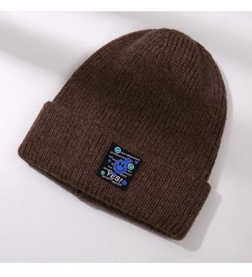 China Knitted Winter Hat Made From Recycled PET Bottles With Woven Patch And Custom Design for sale