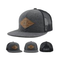 China Custom Heather Gray Mesh Trucker Baseball Cap 58cm with Leather Patch Design for sale