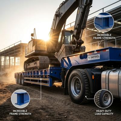 China Blue 40 Ft Semi Low Bed Trailer 30-100t Load Hydraulic Adjusting for sale