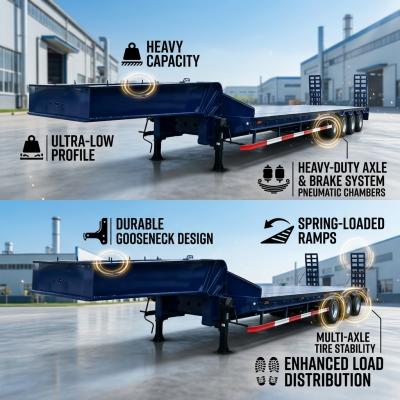 China 70Tons 15m Low Bed Semi Trailer Truck For Carrying Construction Machine for sale