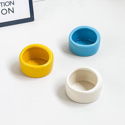 China Minimalist Style Splash-Proof Ceramic Hamster Feeder Set Creamy Yellow Food Bowl Water Dish 6.3*6*4cm for sale