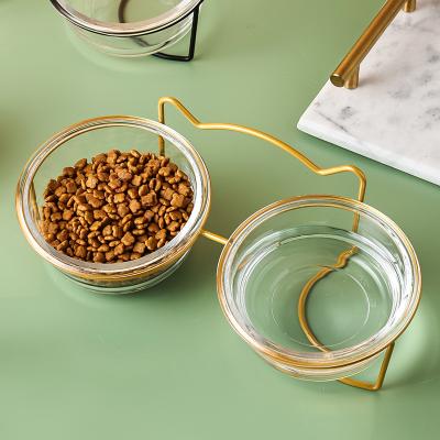 China Glass Double Cat Bowl Set Non-Slip Raised Bowls for Kittens Food Water Dishes 11*13*5.5cm Size for sale